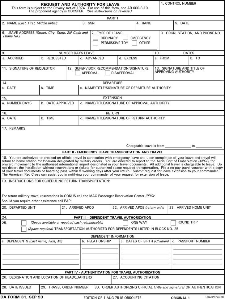 Download Fillable Da Form 31 Da31 Da 31 Fillable Pdf Da 31 Fillable Word Army Leave Form